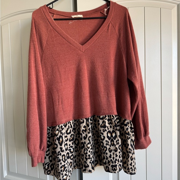 entro | Tops | Anthropologie Red Sweater With Leopard Print Hem | Poshmark